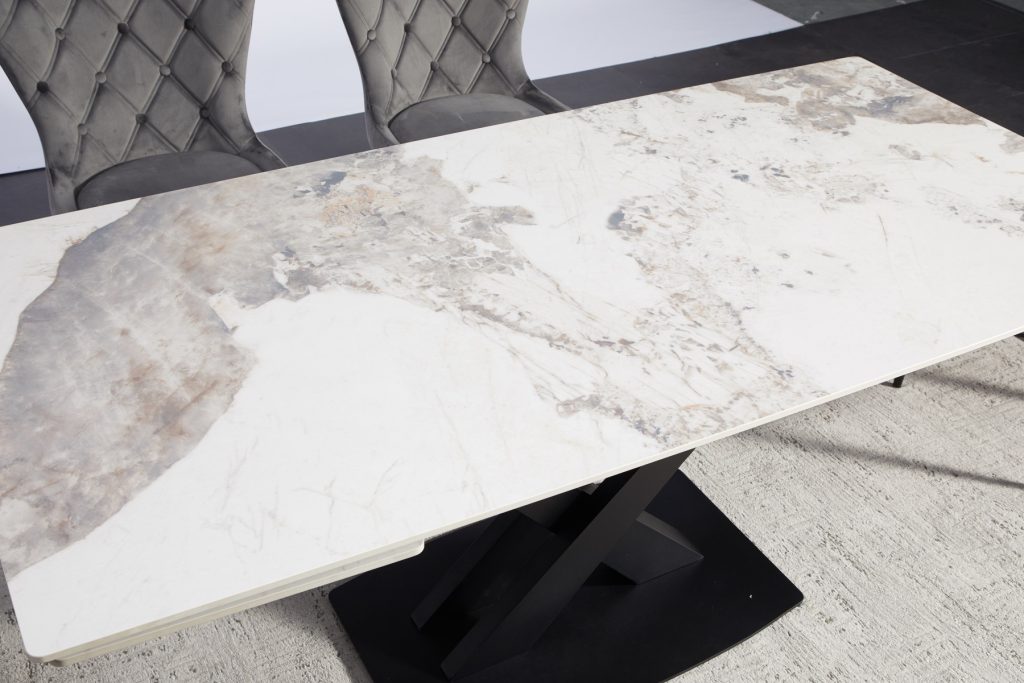 White Guild Ceramic Dining Table with Premium Grey Velvet Chairs