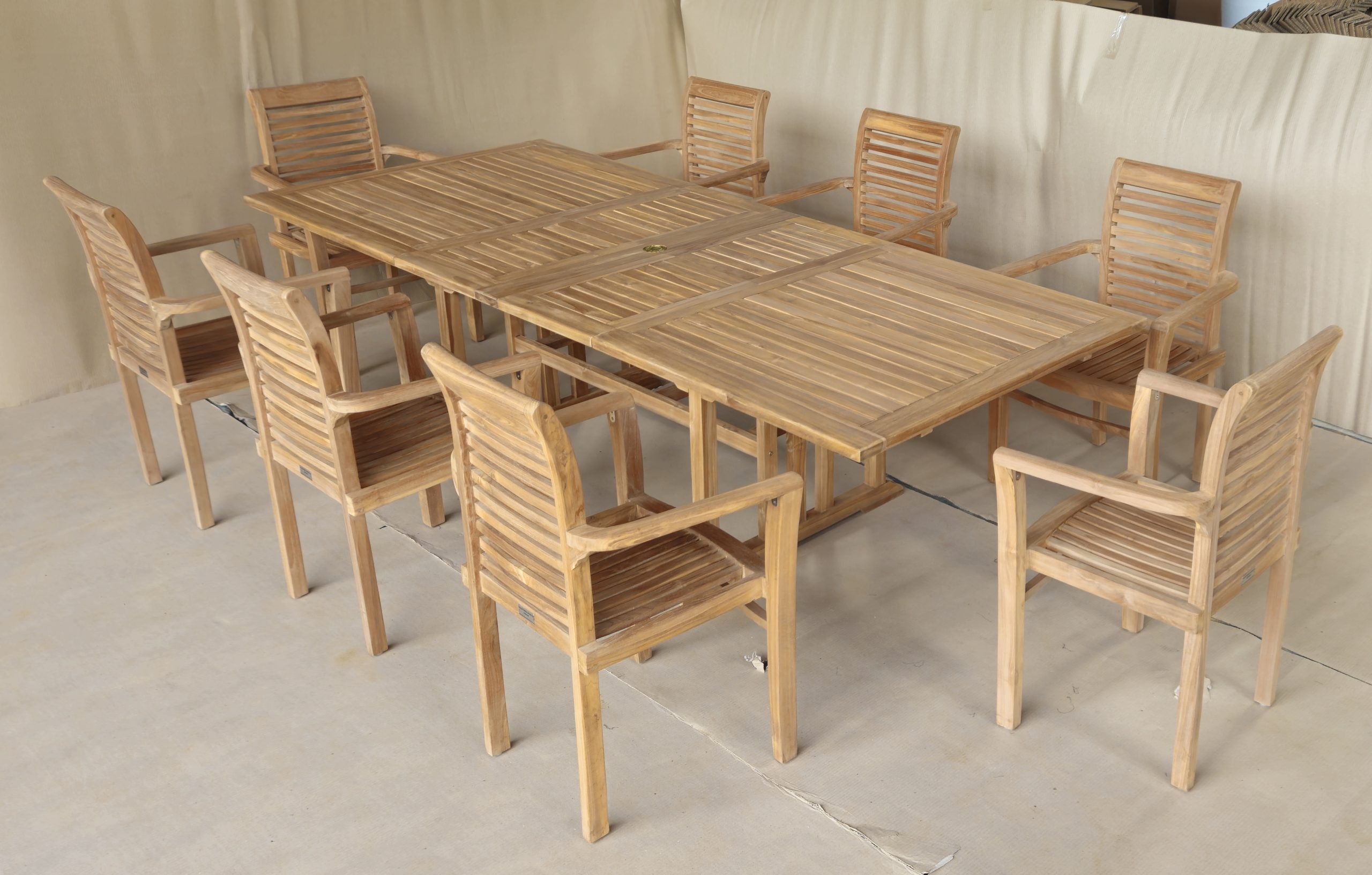 Teak Rectangle extend table with 8 Stacking Chairs | Chelsea Home and Leisure Ltd